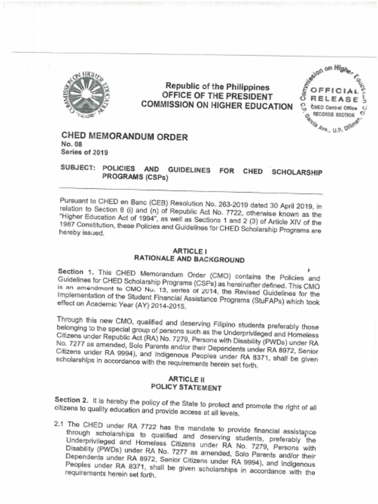 CMO No. 08 Series of 2019 Policies and Guidelines For CHED Scholarship ...