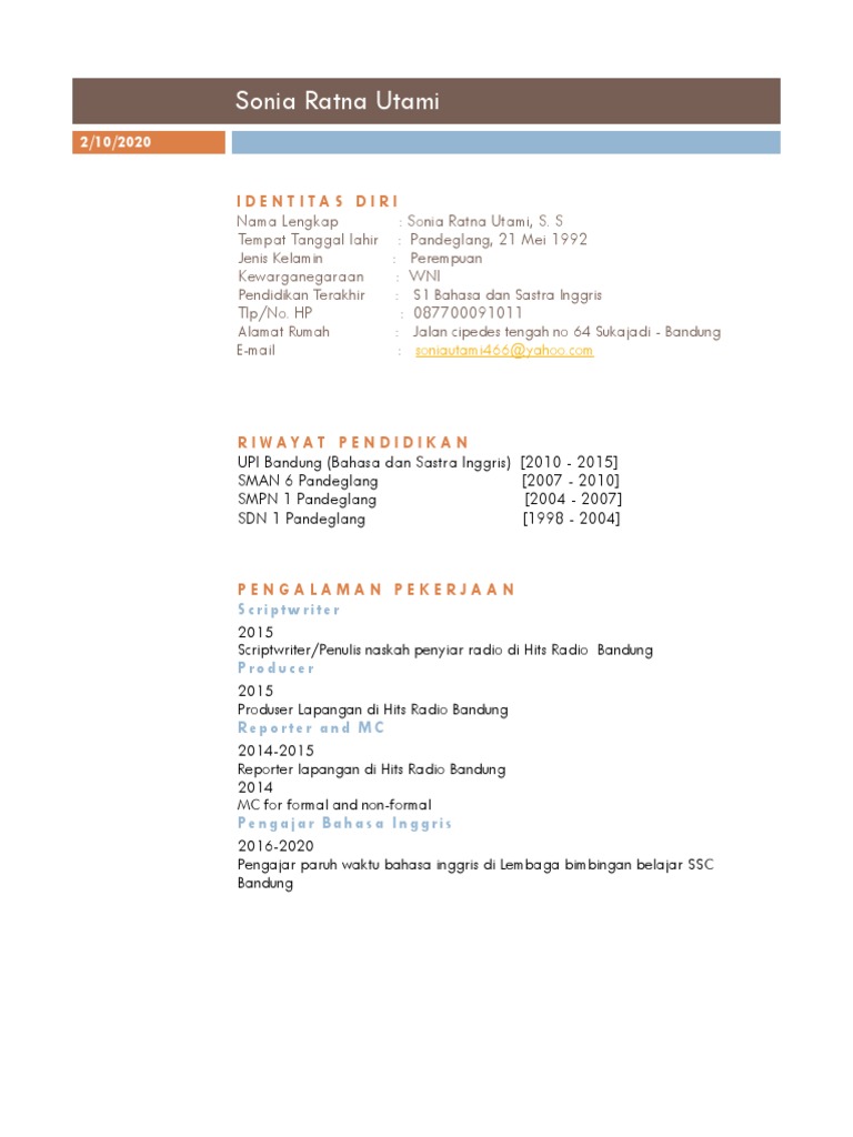 CV Sonia Bahasa | PDF