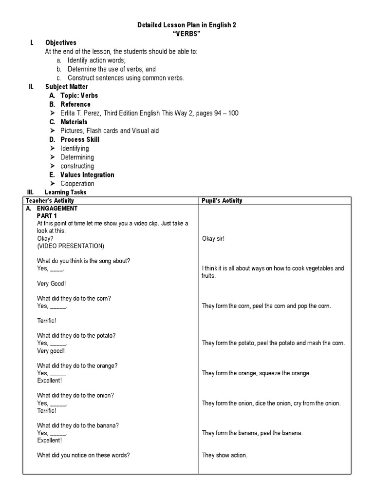 Detailed Lesson Plan in English 2 | PDF | Verb | Lesson Plan