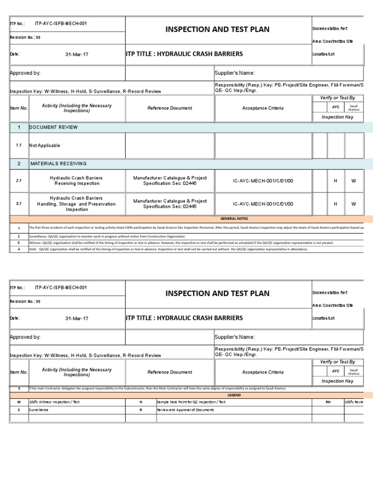 ITP For Hydraulic Barrier | PDF | General Contractor | Engineering