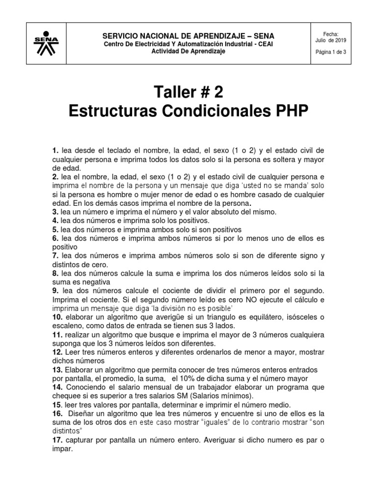 Taller # 2 - Estructuras Condicionales | PDF | División (Matemáticas ...