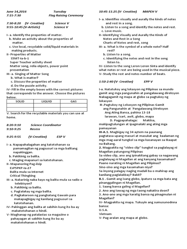 Lesson Plan Sample For Grade V | PDF