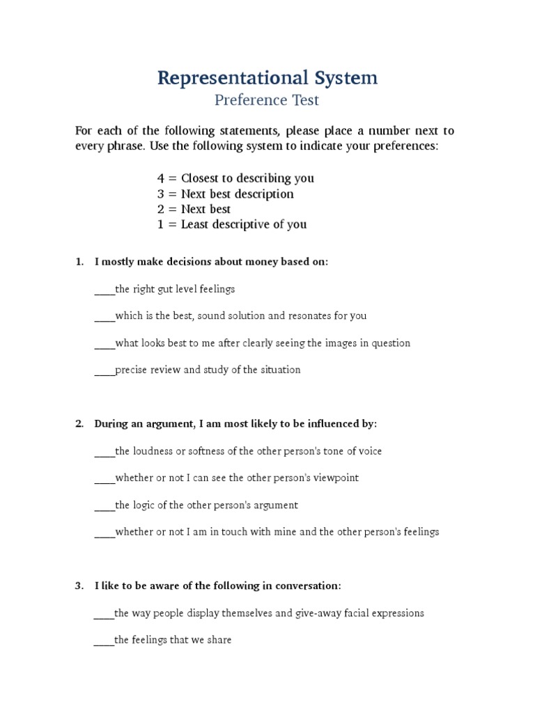 NLP Representational System Test | PDF | Neuropsychological Assessment ...