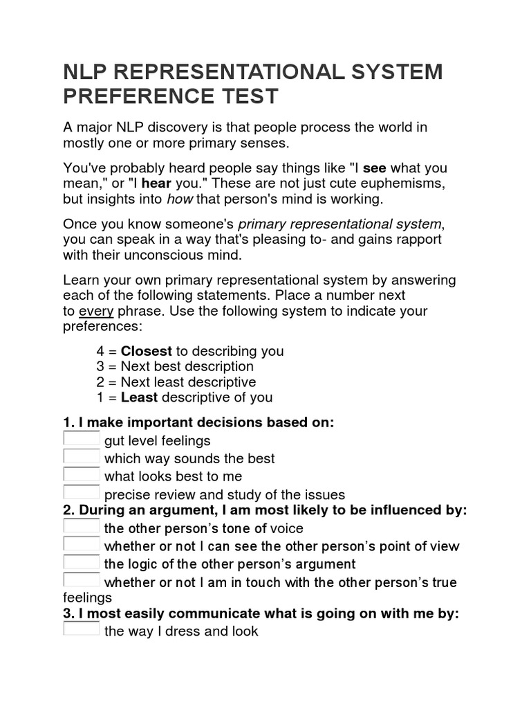 NLP Preference System Assessment | PDF