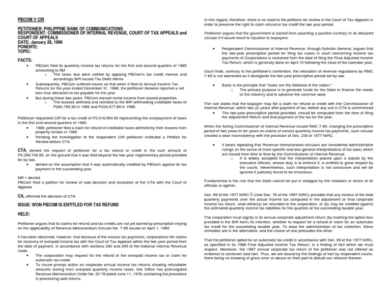 Pbcom V Cir Download Free Pdf Tax Refund Internal Revenue Service