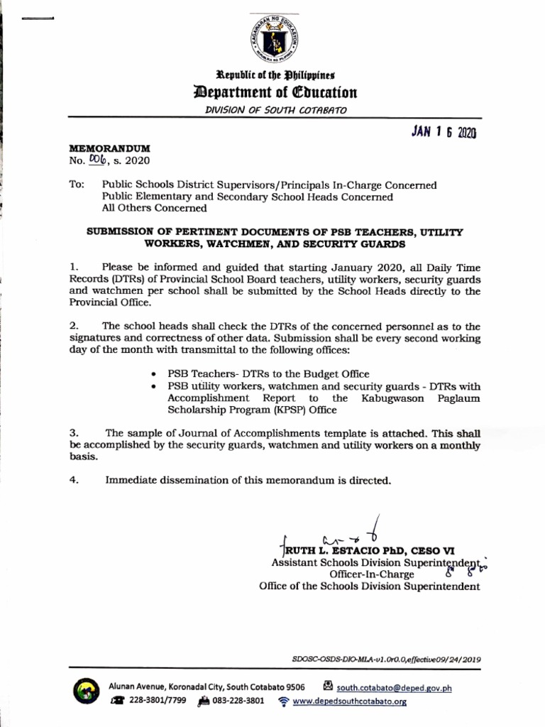 Memorandum No. 006 S. 2020 Submission of Pertinent Documents of PSB ...
