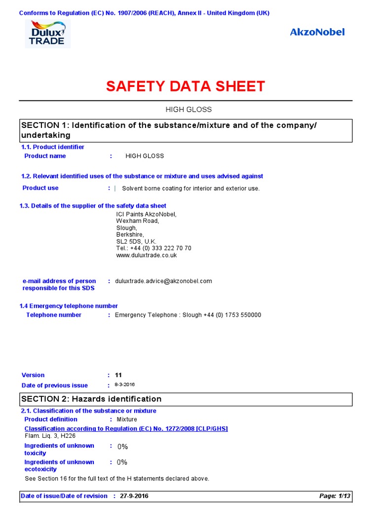 MSDS Dulux Paint Akzo Noble PDF | PDF | Toxicity | Firefighting