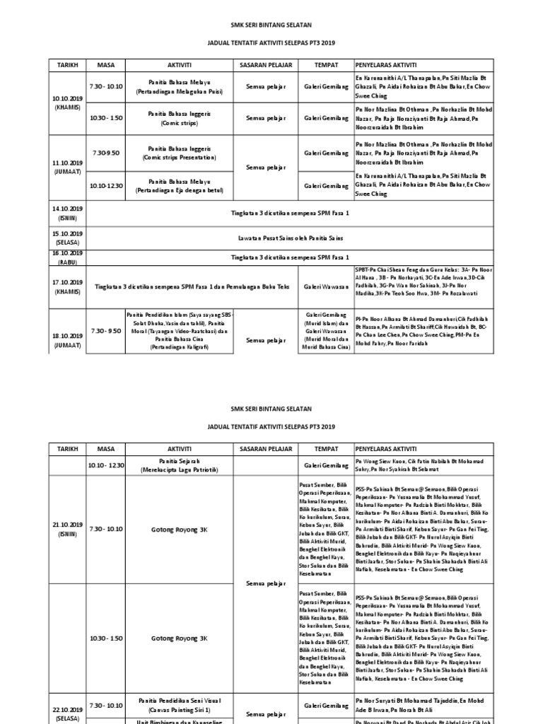 Jadual Aktiviti Pasca PT3 2019 | PDF
