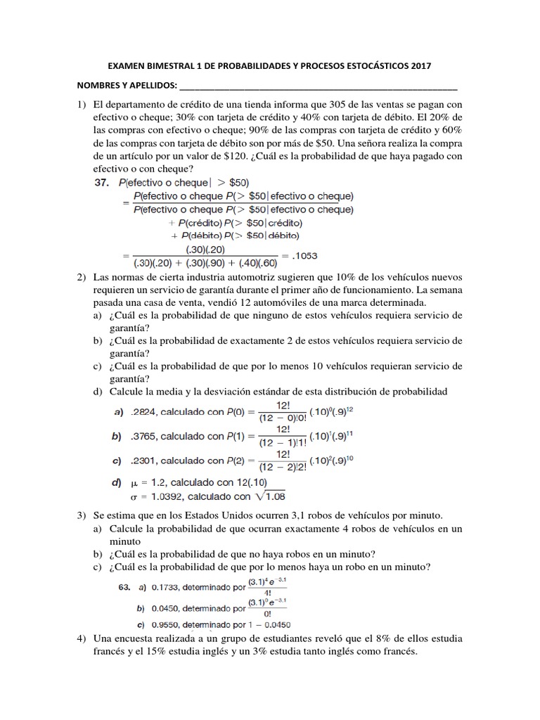 EXAMEN BIMESTRAL 1 DE PROBABILIDADES Y PROCESOS ESTOCÁSTICOS 2017 Con Respuestas | PDF ...