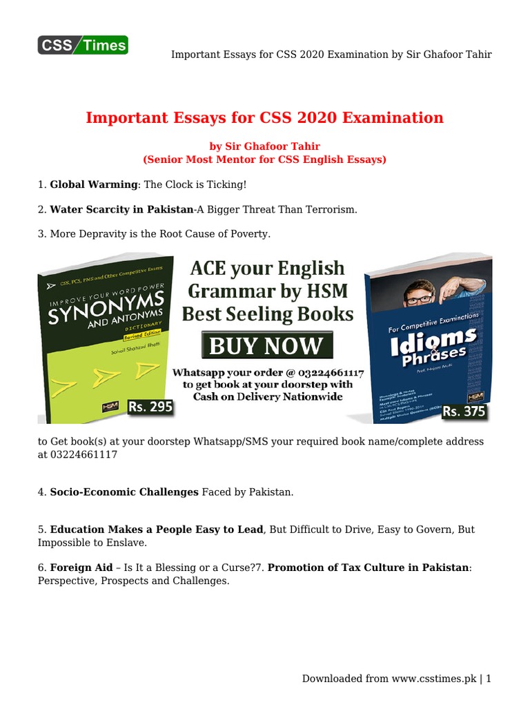 Important Essays For CSS 2020 Examination by Sir Ghafoor Tahir | PDF ...