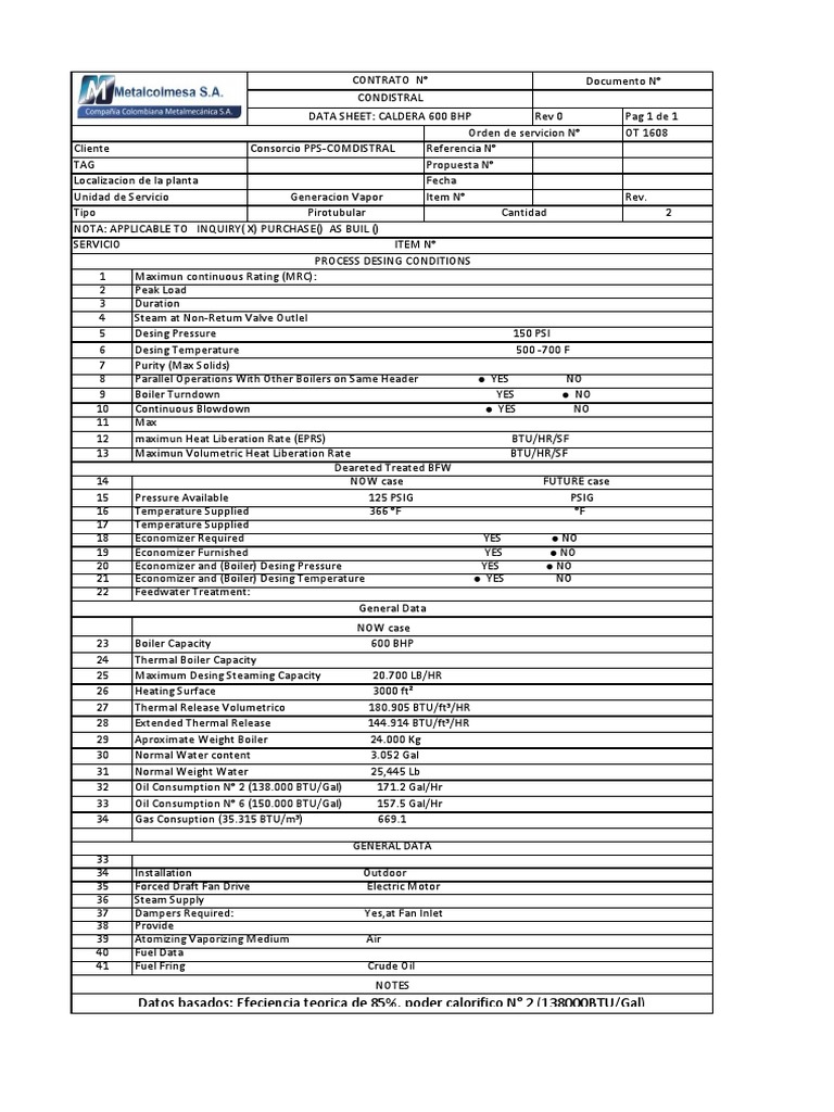 Data Sheet Caldera 600 BHP | PDF | Boiler | Engineering Thermodynamics
