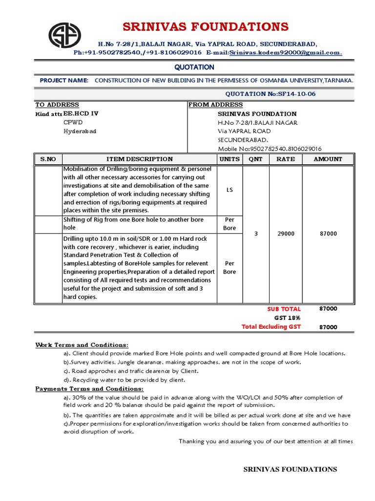 Per Bore Hole Quotation - OU PDF | PDF | Borehole | Nature
