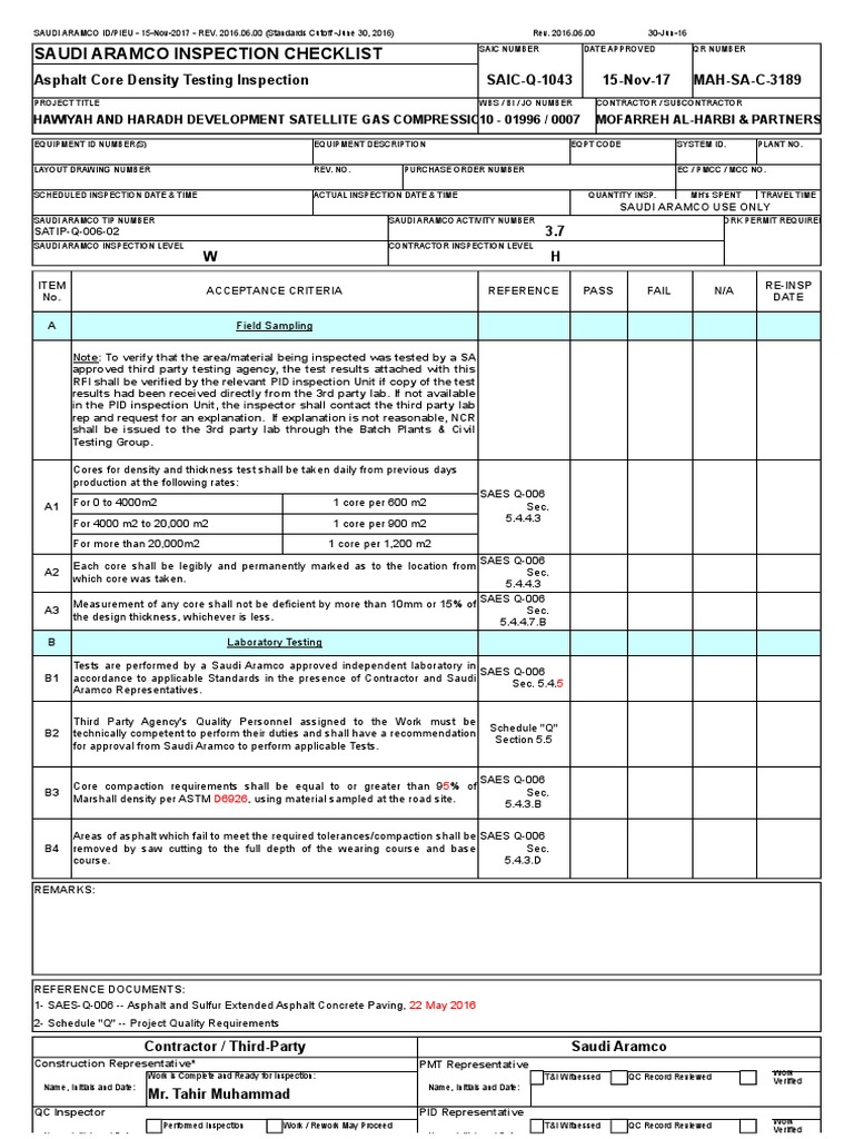 SAIC-Q-1043 Asphalt Core Density Testing Inspection | PDF | Transport ...