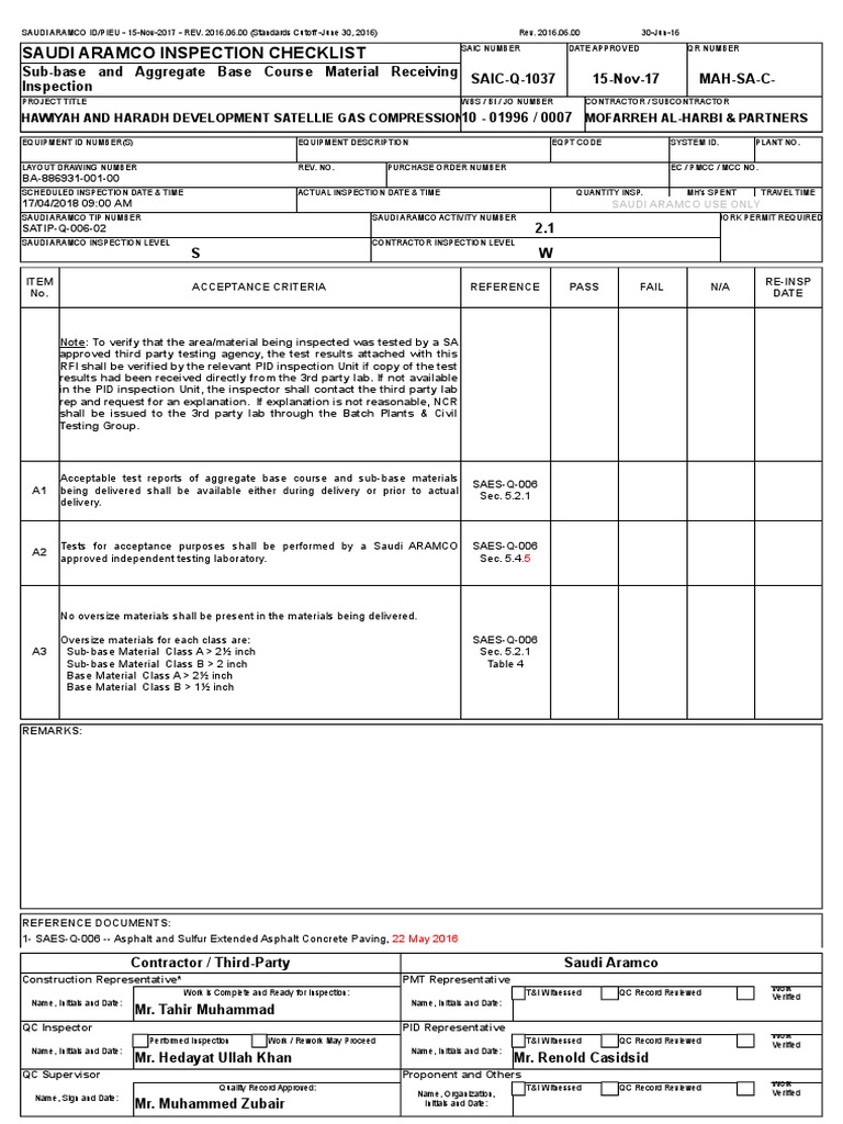 Saic-Q-1037 Sub-Base &aggregate Base Course Reciving Inspection | PDF ...
