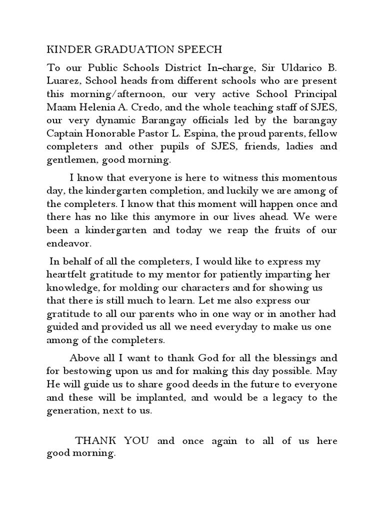 Kinder Graduation Speech | PDF