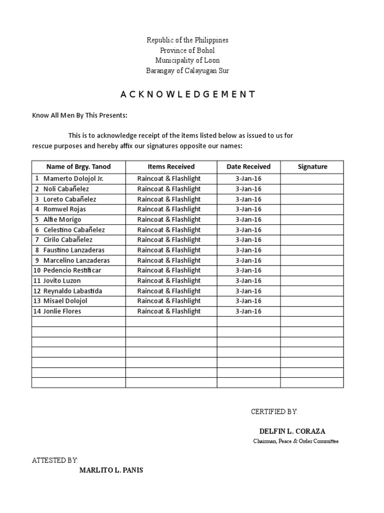 Barangay Tanod Equipment Acknowledgment | PDF