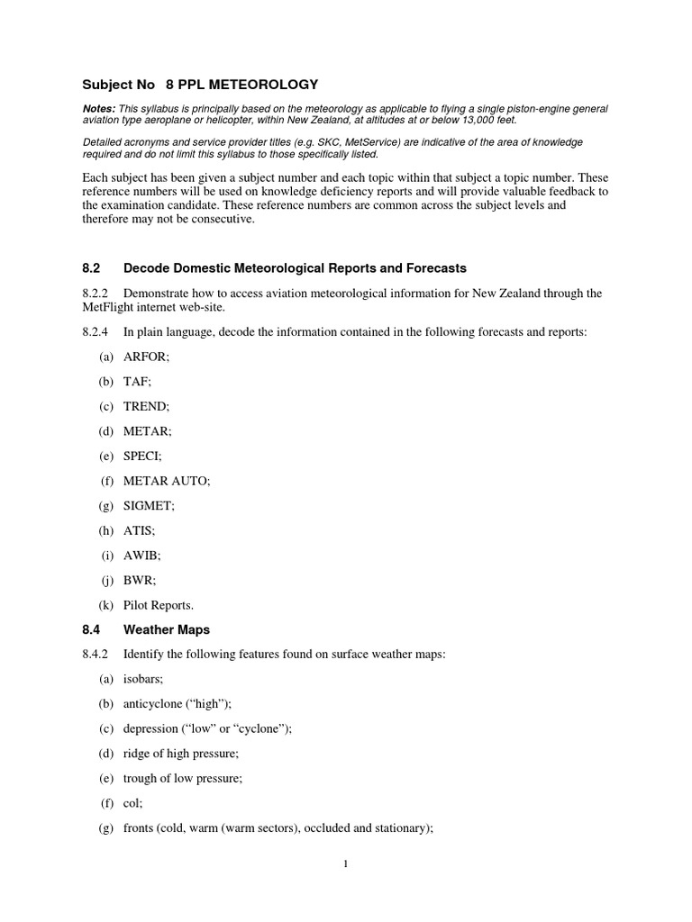 Syllabus PPL-Meteorology | PDF | Cloud | Atmosphere Of Earth