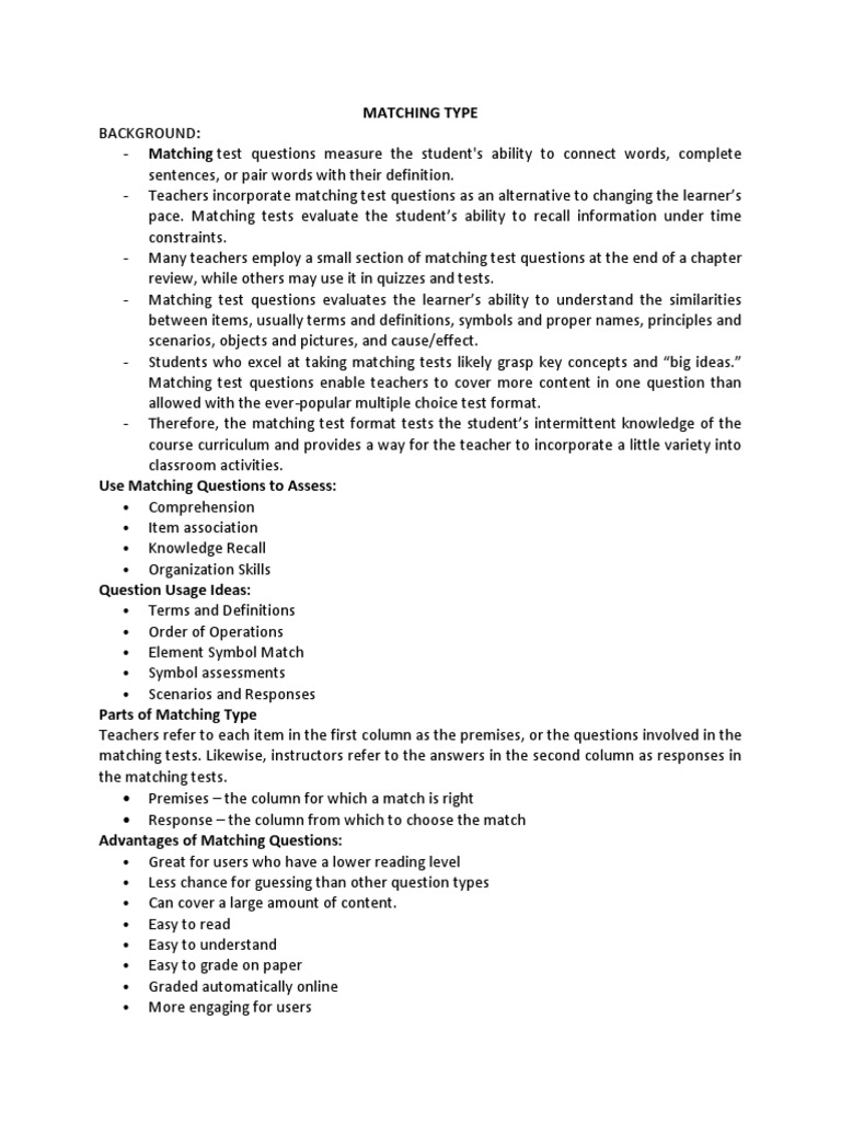 Matching Type | PDF | Question | Test (Assessment)