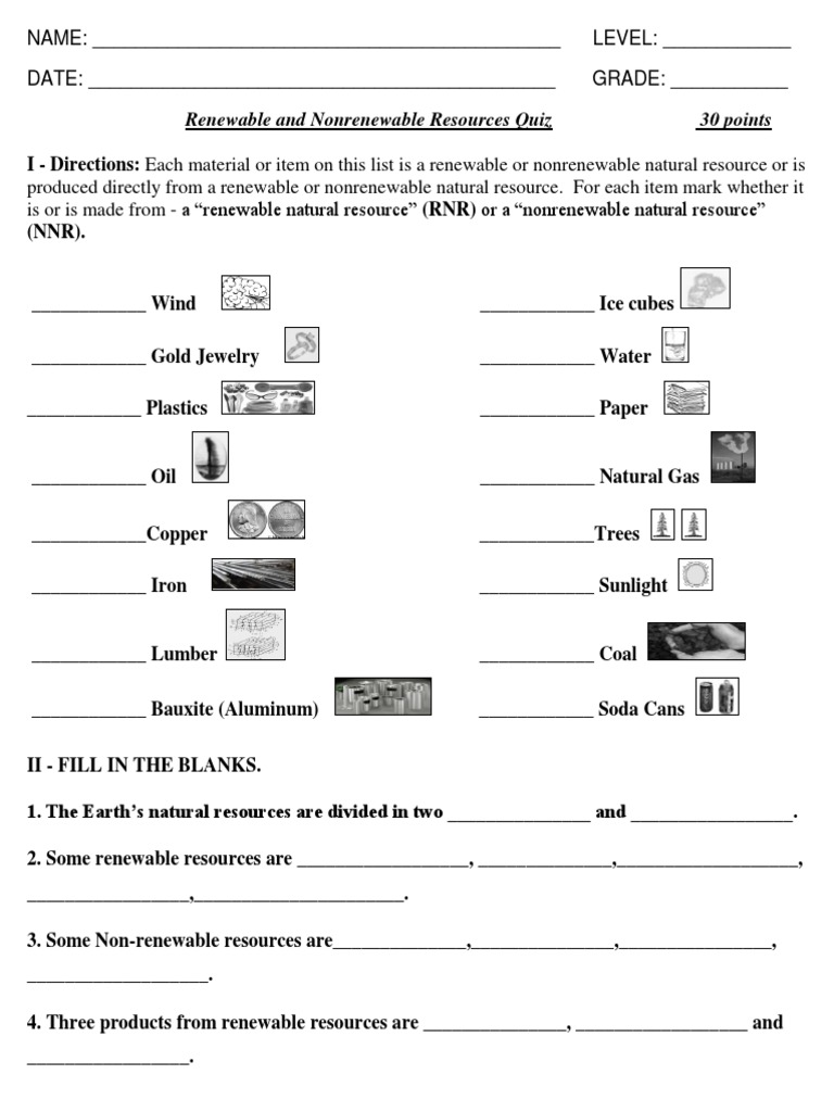 Renewable and Non Renewable Resources Quiz With | PDF | Renewable ...