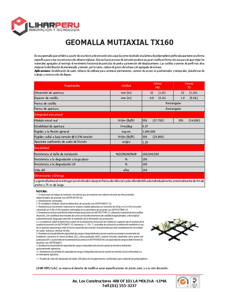 Ficha Tecnica Geomalla Tx160 Pdf Pdf Rigidez Materiales