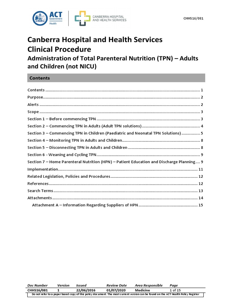 Administration of Total Parenteral Nutrition (TPN) - Adults and ...