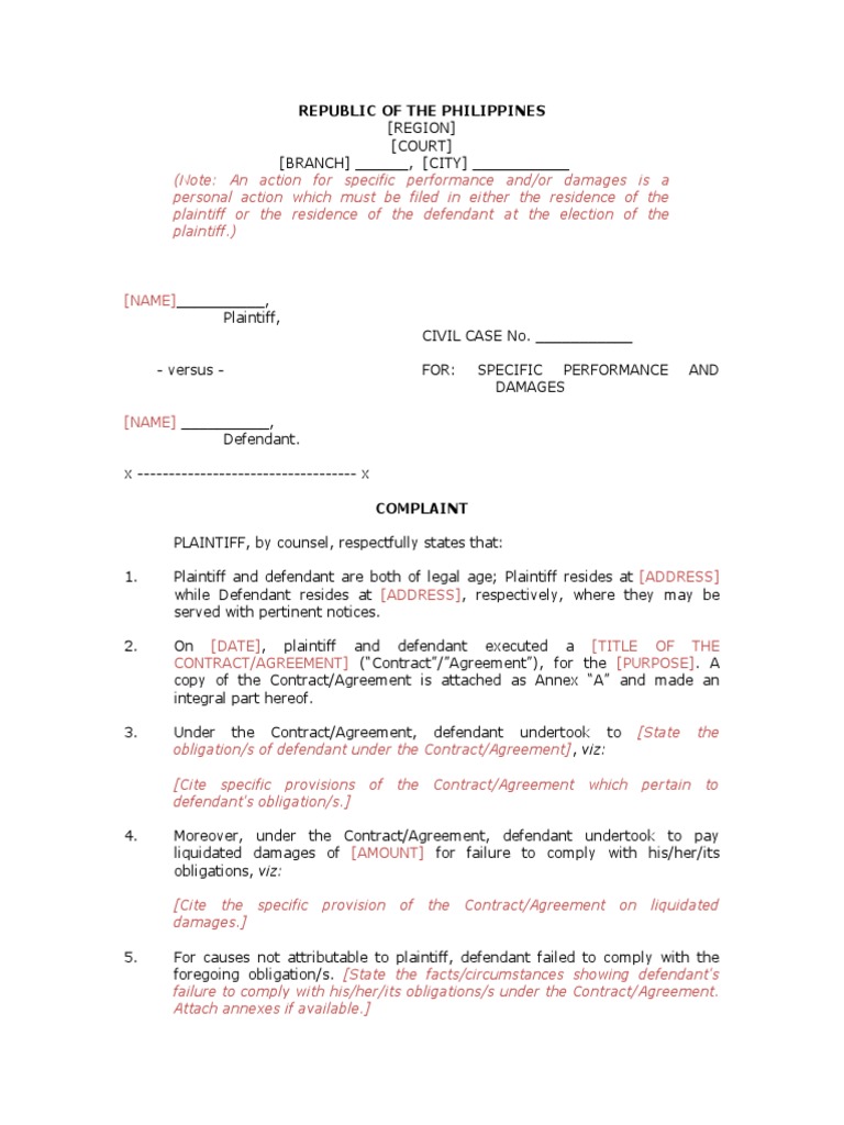Complaint For Specific Performance | PDF | Damages | Lawsuit