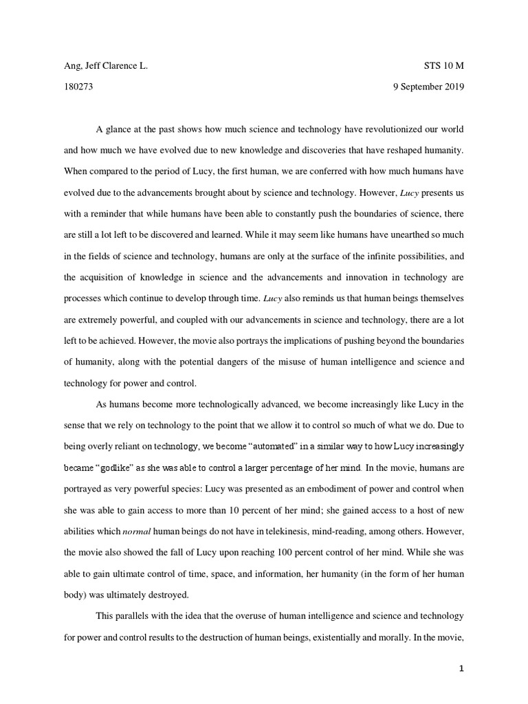 (STS 10) Reflection Paper On "Lucy" PDF | PDF | Human | Reason
