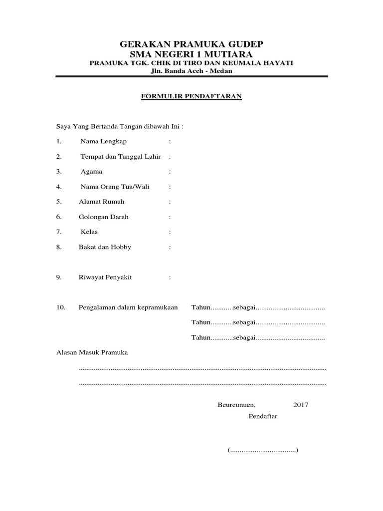 Formulir Pendaftaran Anggota Gerakan Pramuka | PDF