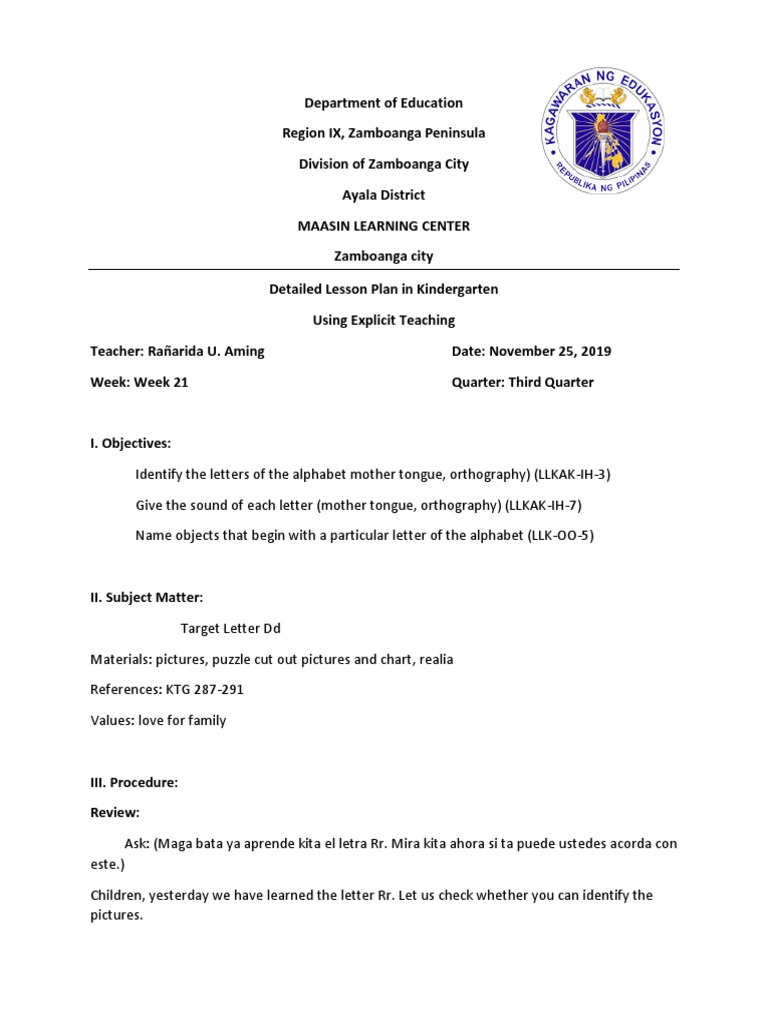Explicit Lesson Plan for Kindergarten Dd | PDF | Orthography | Behavior ...