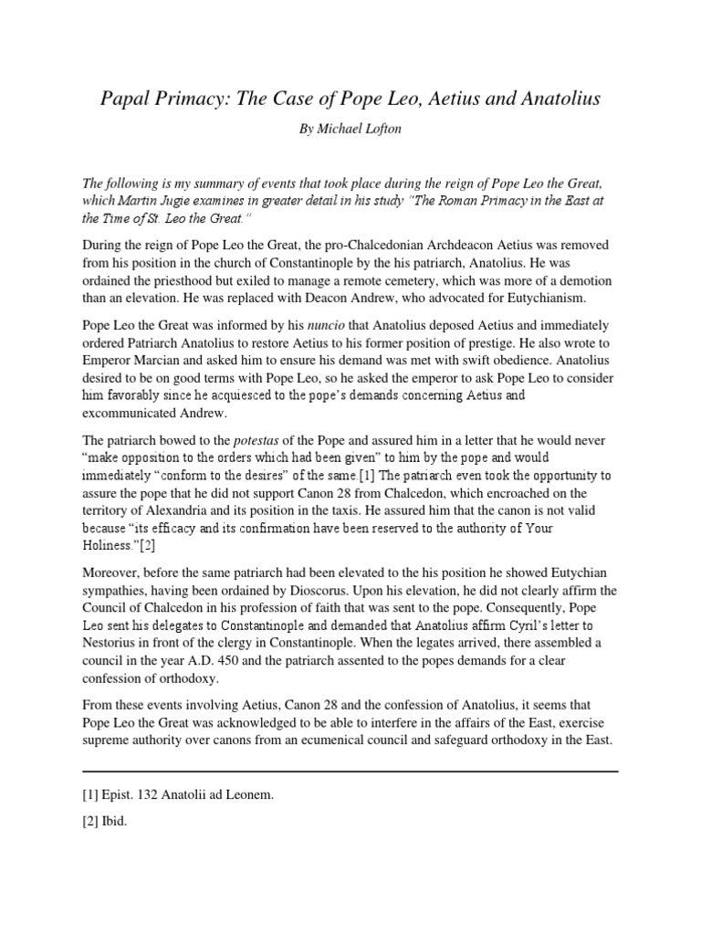 Papal Primacy: The Case of Pope Leo, Aetius and Anatolius | PDF ...