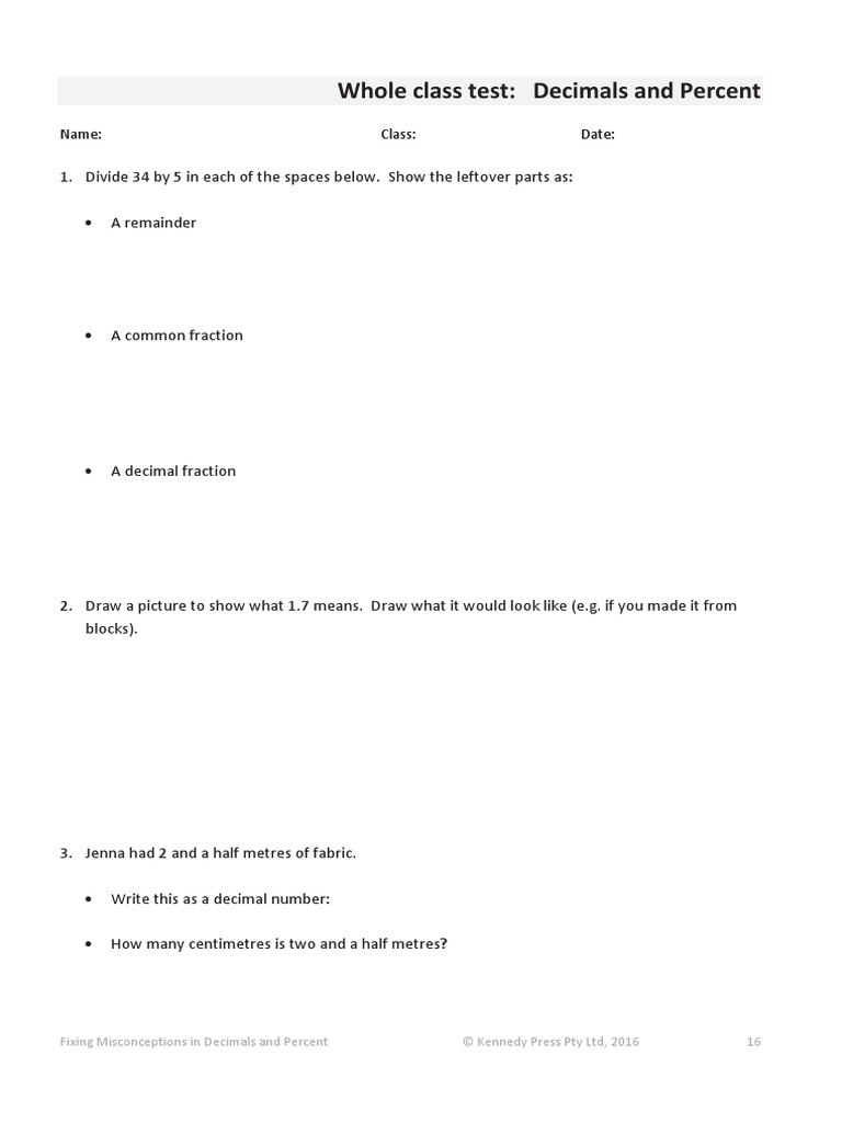 Decimals and Percent Diagnostic Test | PDF | Fraction (Mathematics ...
