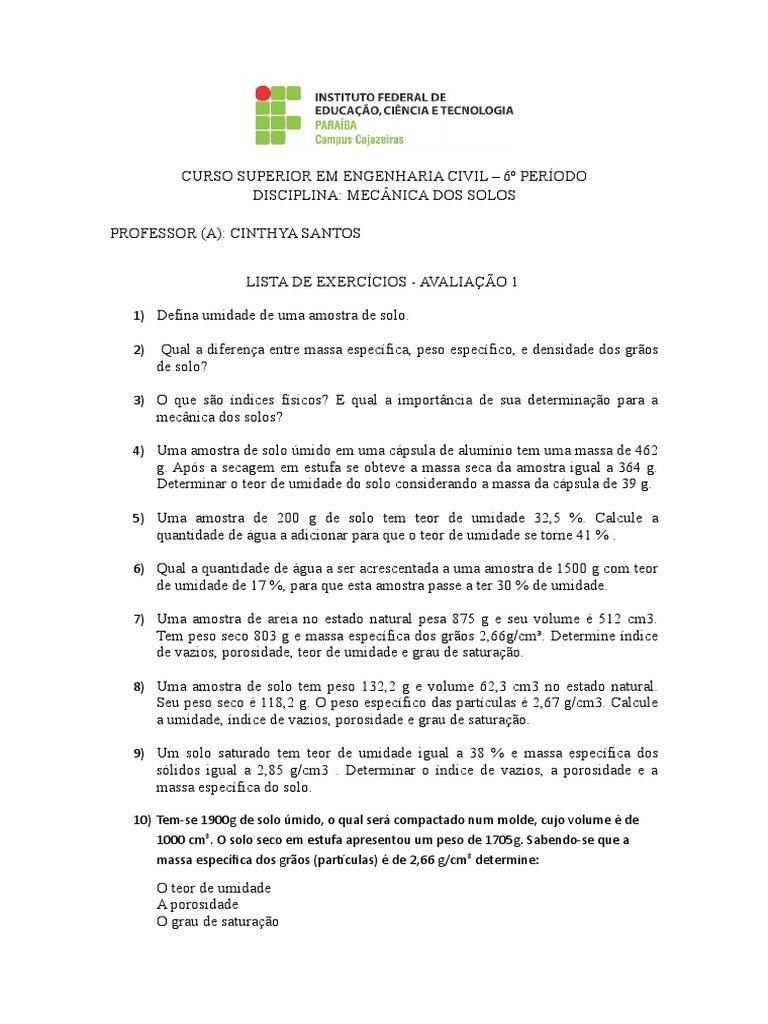 Lista de Exercícios - AV1 | PDF | Densidade | Mecânica dos solos