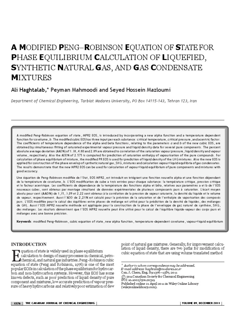 A MODIFIED PENG ROBINSON EQUATION OF STATE FOR ELV 20519 FTP PDF | PDF ...