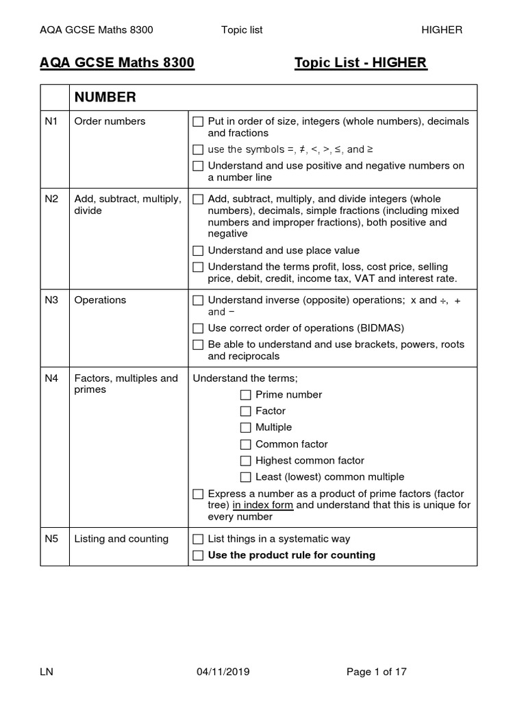 AQA GCSE Maths 8300 (1 9) Topic List - Higher | PDF | Triangle | Area