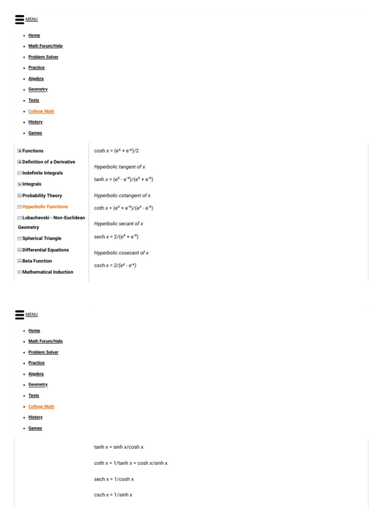 Hyperbolic Functions - Sinh, Cosh, Tanh, Coth, Sech, Cosech | PDF ...