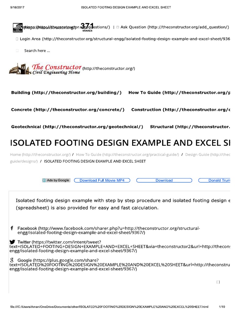 Isolated Footing Design Example and Excel Sheet PDF | PDF