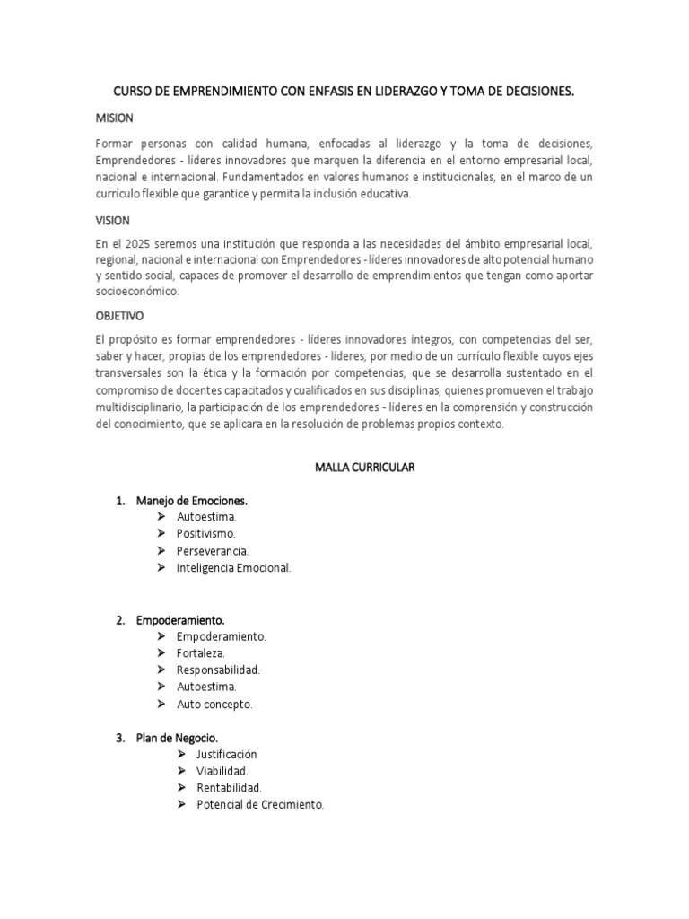 Malla Curricular Curso Emprendimiento | PDF | Iniciativa empresarial | Plan de estudios