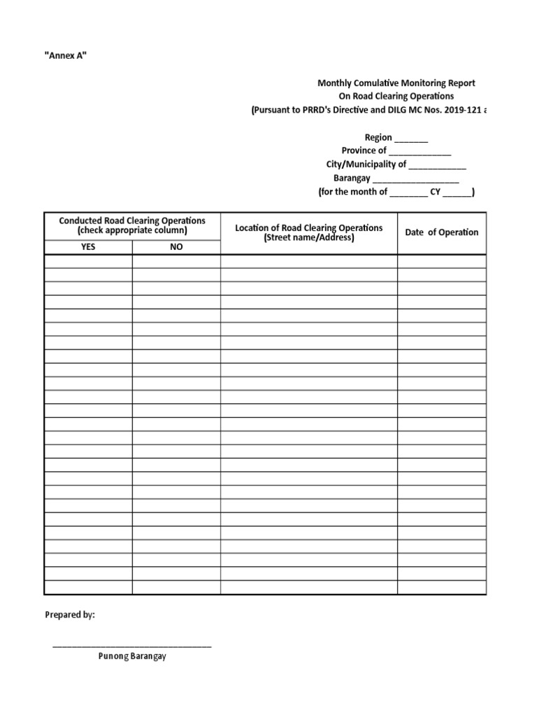 Monthly Road Clearing Report Template | PDF
