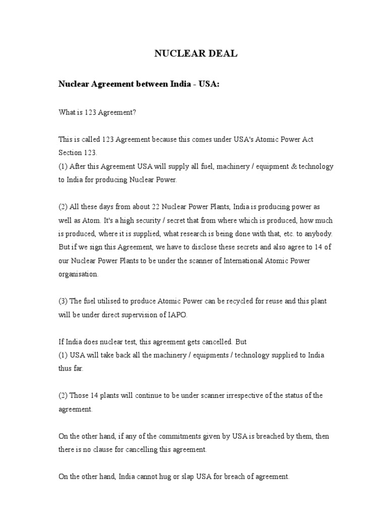 Nuclear Deal: Nuclear Agreement Between India - USA | PDF | Uranium ...