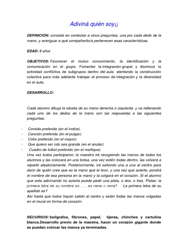 Adiviná Quien Soy Actividad | PDF