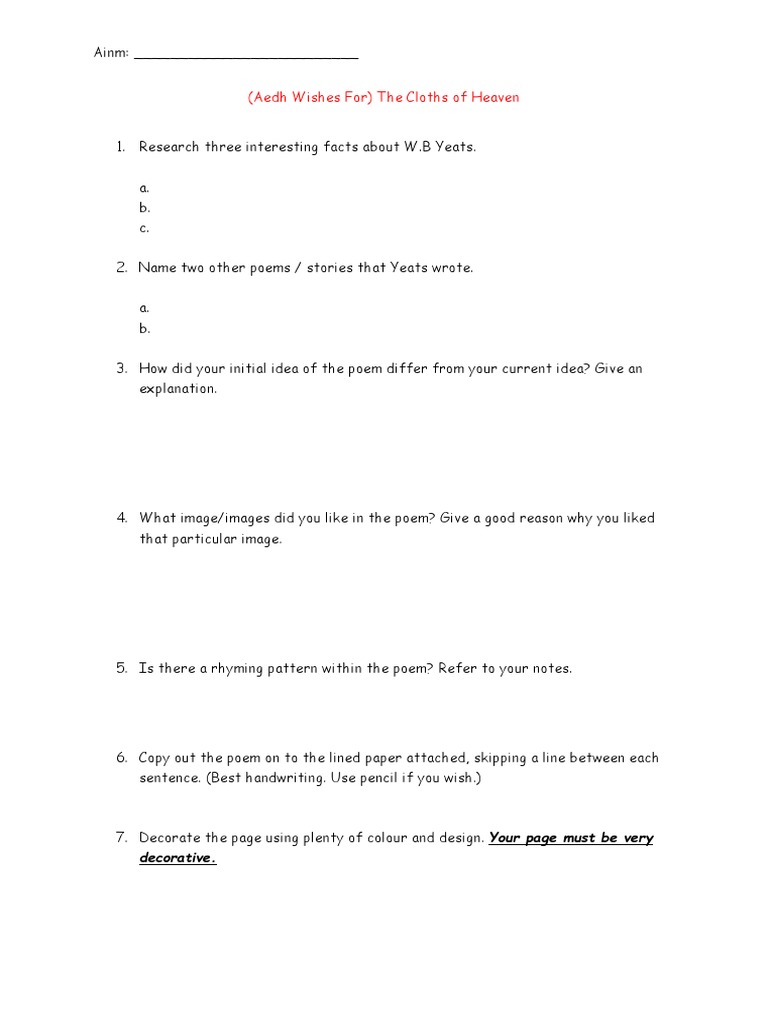 Aedh's Wishes: Yeats Poem Analysis Guide | PDF