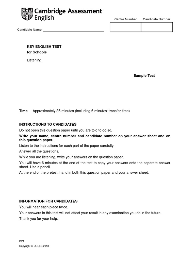 A2 Key For Schools 2020 Sample Tests Listening Question Paper | PDF