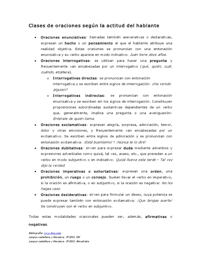 Clases de Oraciones Según La Actitud Del Hablante | PDF | Oración ...