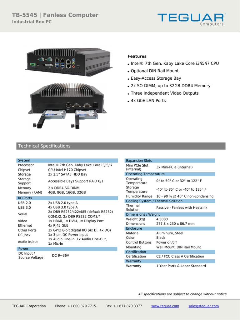 TB 5545 Fanless Box Computer - 1 | PDF | Usb | Personal Computers