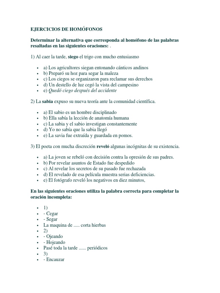 Ejercicios de Homófonos y Homógrafos | PDF