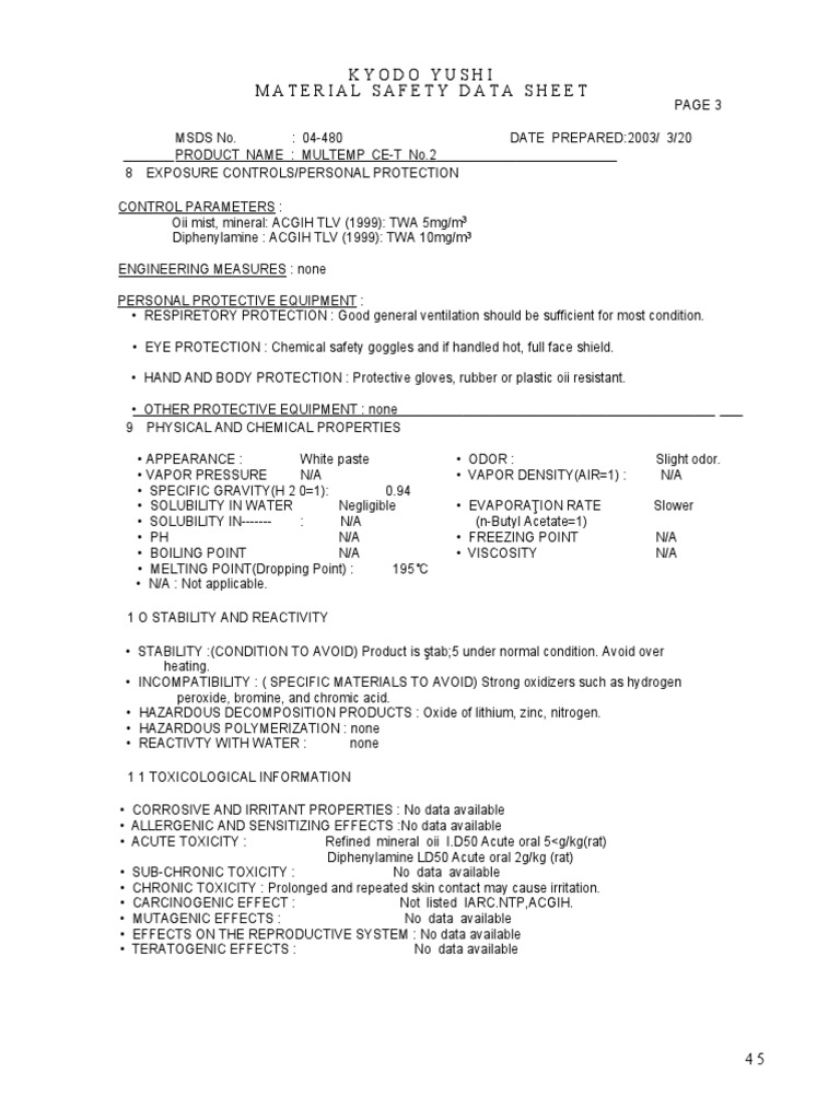 Material Safety Data Sheet for Multtemp CE-T No.2 | PDF | Hydrogen ...