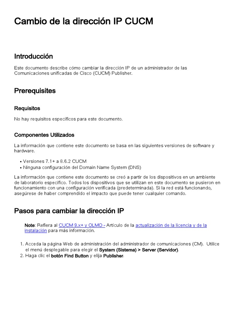 Cambio de IP en Cisco CUCM | PDF | Dirección IP | sistema de nombres de ...