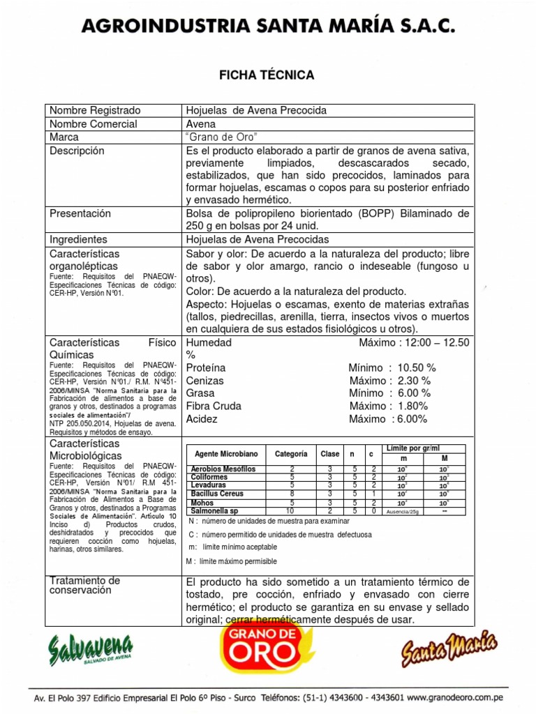 FICHA TÉCNICA - HOJ AVENA PRECOCIDA X 250 G - QW - Version 01 | PDF ...