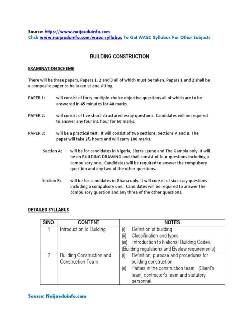 WAEC Building Construction Syllabus: Examination Scheme and Detailed ...