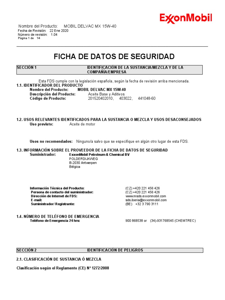 MSDS - 550695 Acite 15w40 | PDF | Residuos | Guante